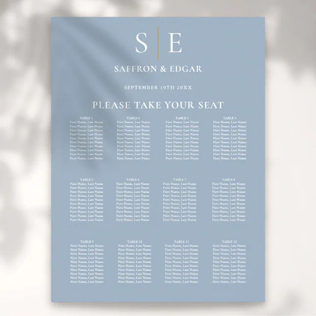 Dusty Blue And Gold Monogram Wedding Seating Chart | Zazzle