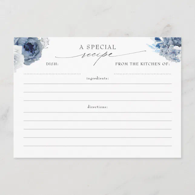 Dusty Blue and Navy Elegant Floral Recipe Cards | Zazzle