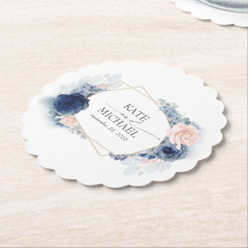 Dusty Blue and Pink Floral Elegant Paper Coaster | Zazzle