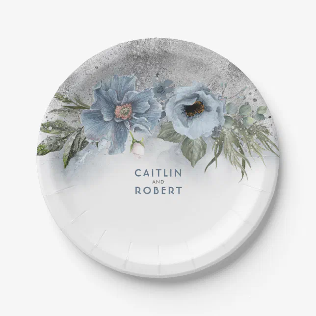 Dusty Blue and Silver Glitter Elegant Modern Paper Plates | Zazzle