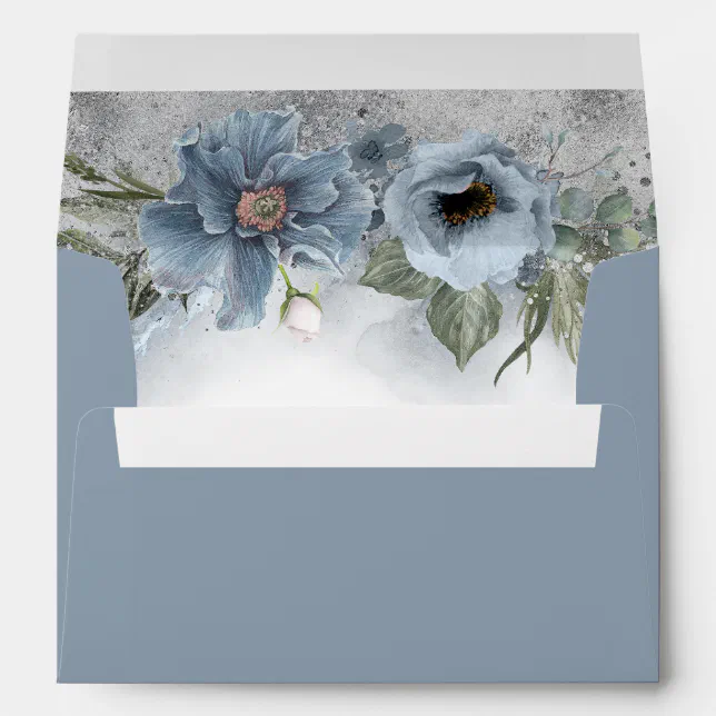 Dusty Blue and Silver Glitter Floral Modern Envelope | Zazzle