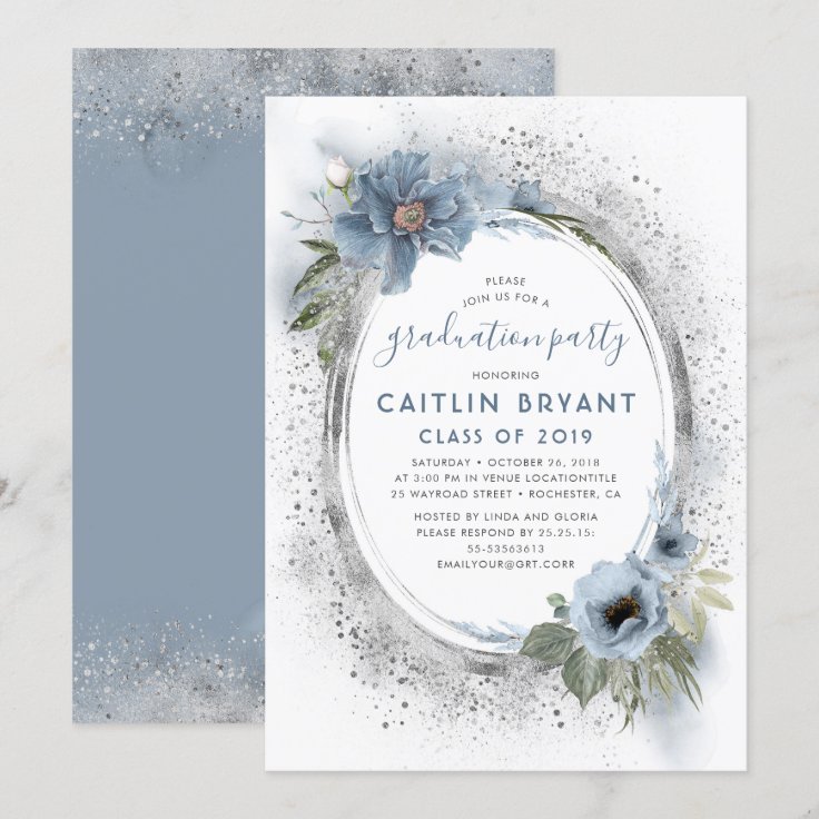 Dusty Blue and Silver Glitter Graduation Party Invitation | Zazzle