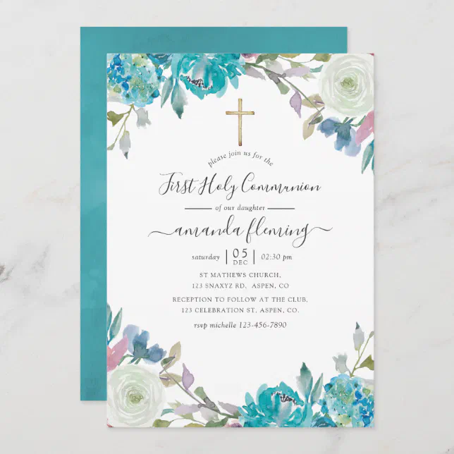 Dusty Blue and Turquoise Floral Holy Communion Invitation | Zazzle