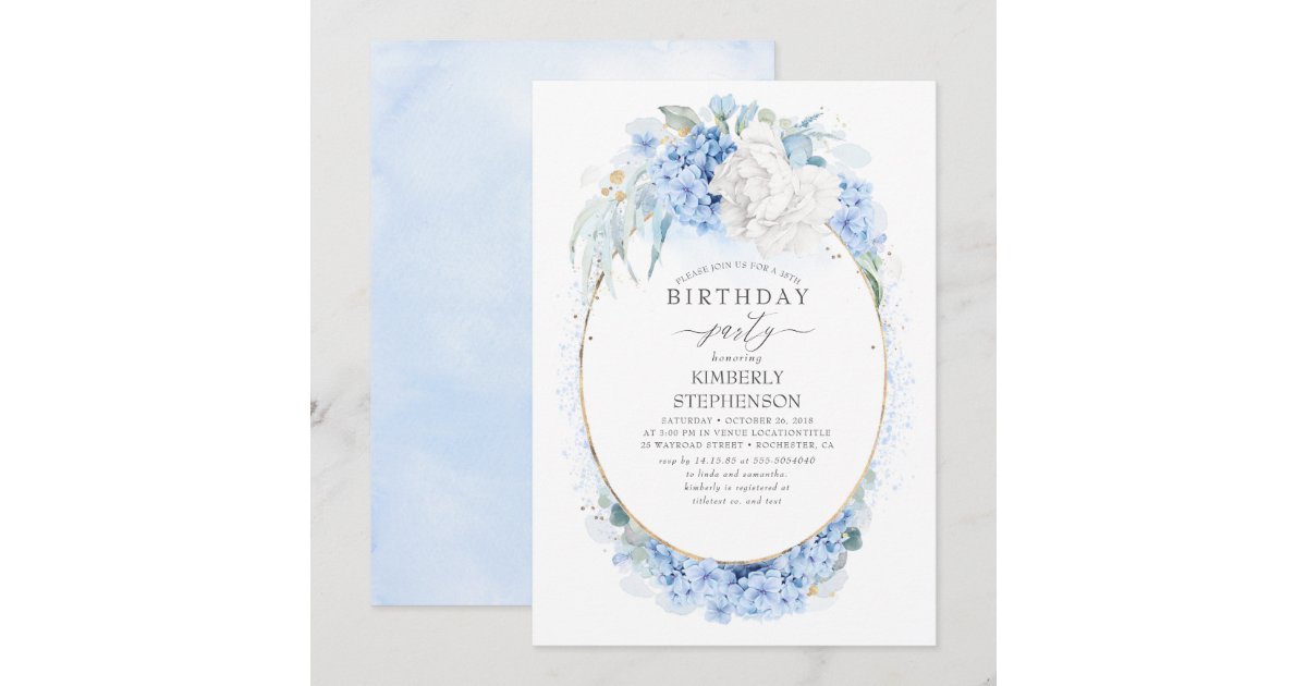 Dusty Blue and White Floral Birthday Party Invitation | Zazzle