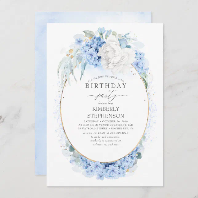 Dusty Blue and White Floral Birthday Party Invitation | Zazzle