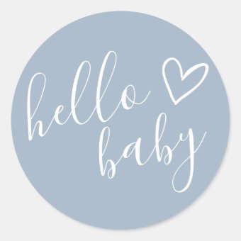 Dusty Blue Baby Boy Hello Baby Shower Classic Round Sticker | Zazzle
