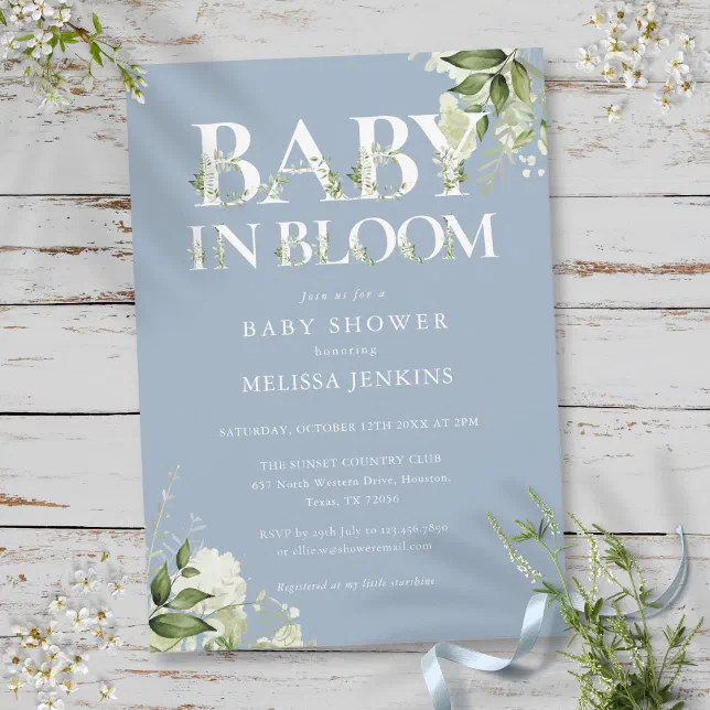 Dusty Blue Baby In Bloom Greenery Baby Shower Invitation | Zazzle