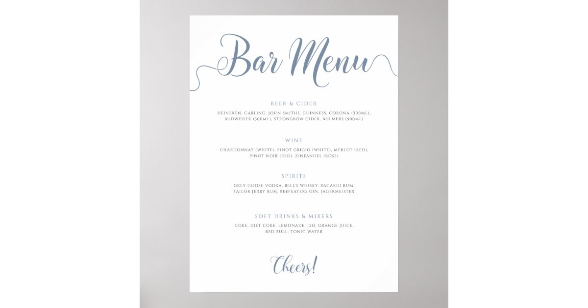 Dusty Blue Bar Menu Wedding Drinks List Poster | Zazzle
