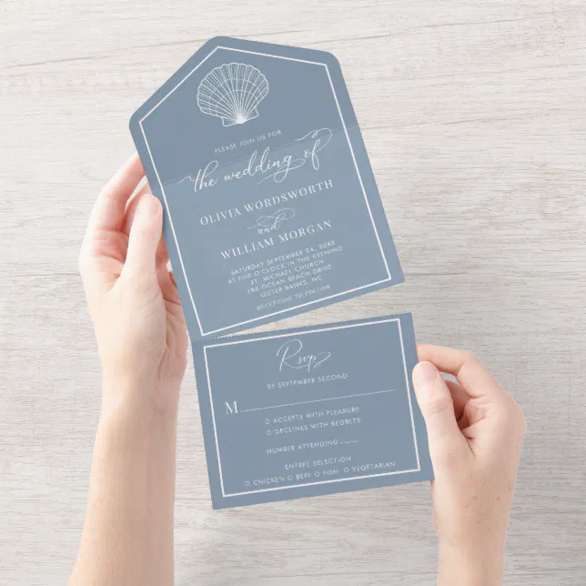 Dusty Blue Beach Seashell Coastal Wedding All In One Invitation | Zazzle