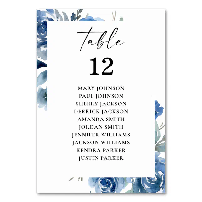 Dusty Blue &Blue Floral Table Number Seating Chart | Zazzle