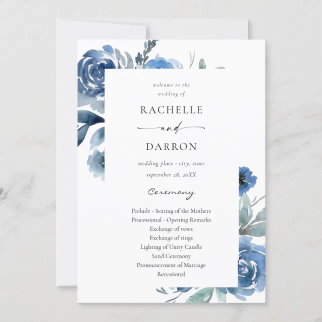 Dusty Blue & Blue Floral Wedding Ceremony Program | Zazzle