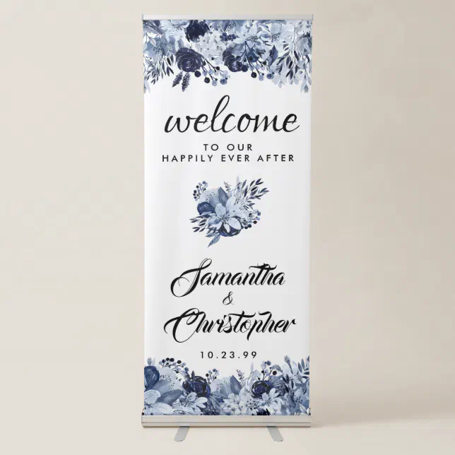 Dusty Blue Blue Floral Wedding Welcome Retractable Banner | Zazzle