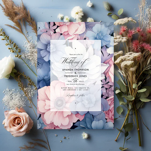 Dusty Blue, Blush Pink and Silver Floral Wedding Invitation | Zazzle