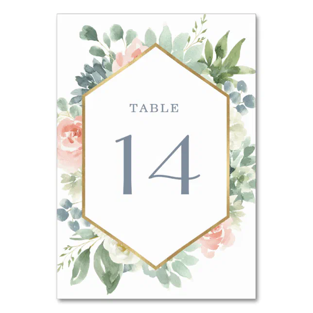 Dusty Blue Blush Succulent Floral Garden Wedding Table Number | Zazzle