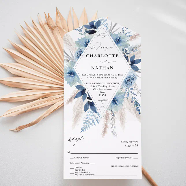 Dusty Blue Boho Floral Wedding All In One Invitation | Zazzle