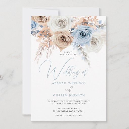Dusty Blue Boho Floral Wedding Invitation | Zazzle