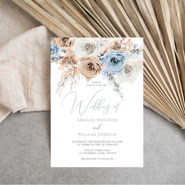 Dusty Blue Boho Floral Wedding Invitation | Zazzle