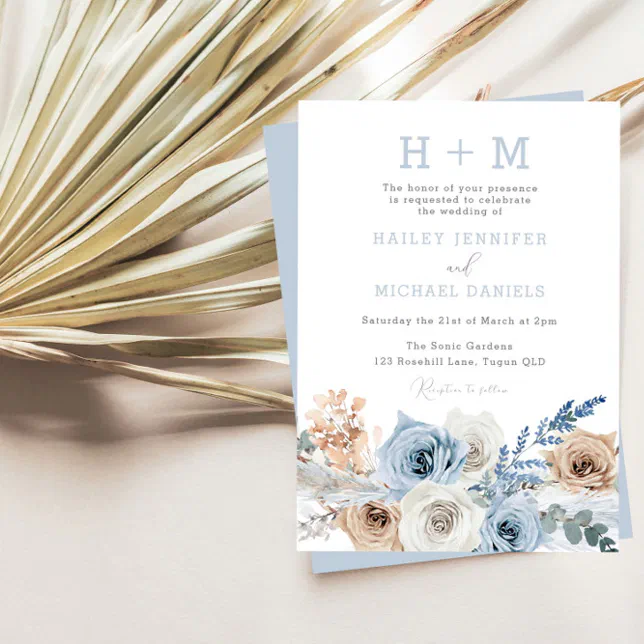 Dusty Blue Boho Monogram Wedding Invitation | Zazzle
