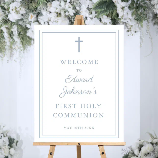 Dusty Blue Border Holy Communion Welcome Sign | Zazzle