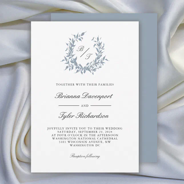 Dusty Blue Botanical Crest Monogram Wedding Invitation | Zazzle