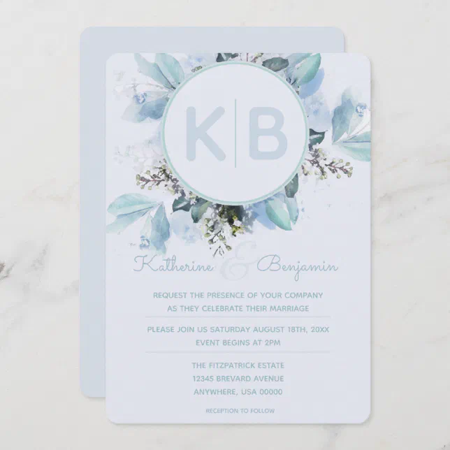 Dusty Blue Botanical Watercolor Monogrammed Invitation | Zazzle
