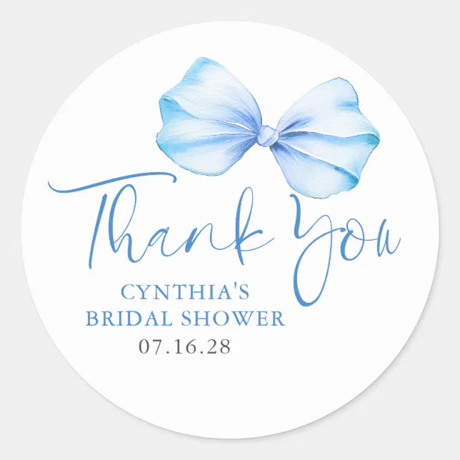 Dusty Blue Bow Favors Thank You Classic Round Sticker | Zazzle