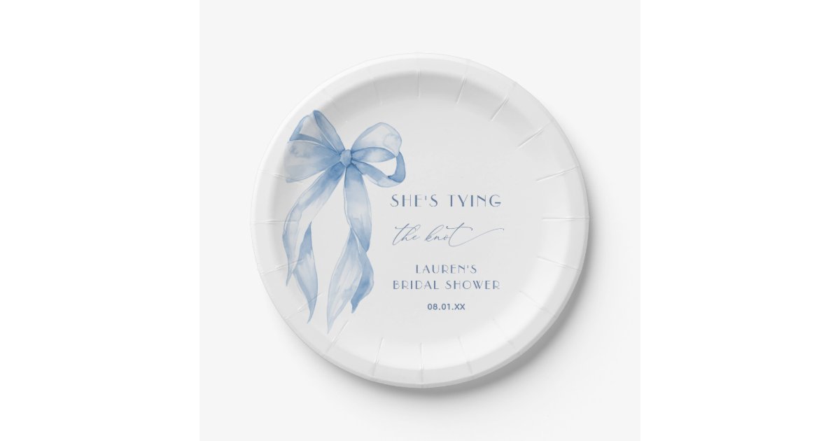 Dusty Blue Bow She's Tying The Knot Bridal Shower Paper Plates | Zazzle