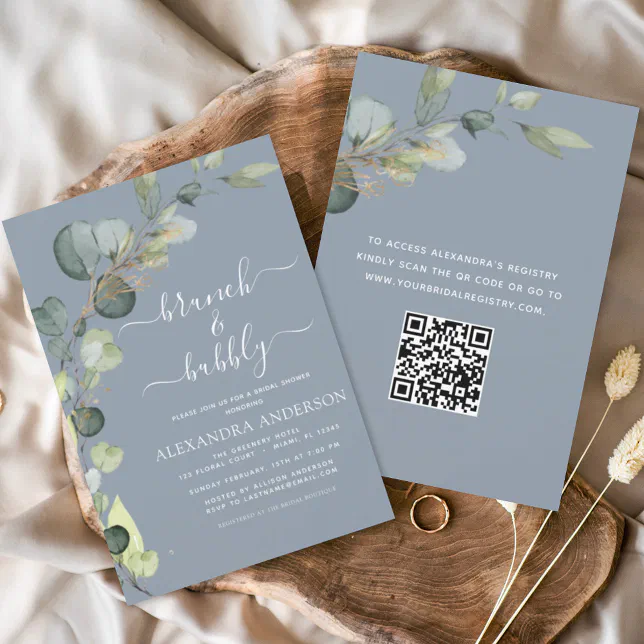 Dusty Blue Brunch & Bubbly QR Code Eucalyptus Invitation | Zazzle