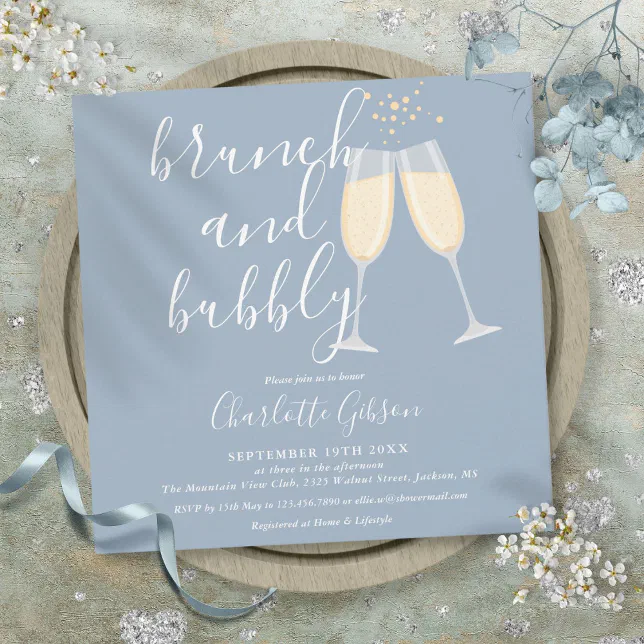 Dusty Blue Brunch Bubbly Script Bridal Shower Invitation | Zazzle