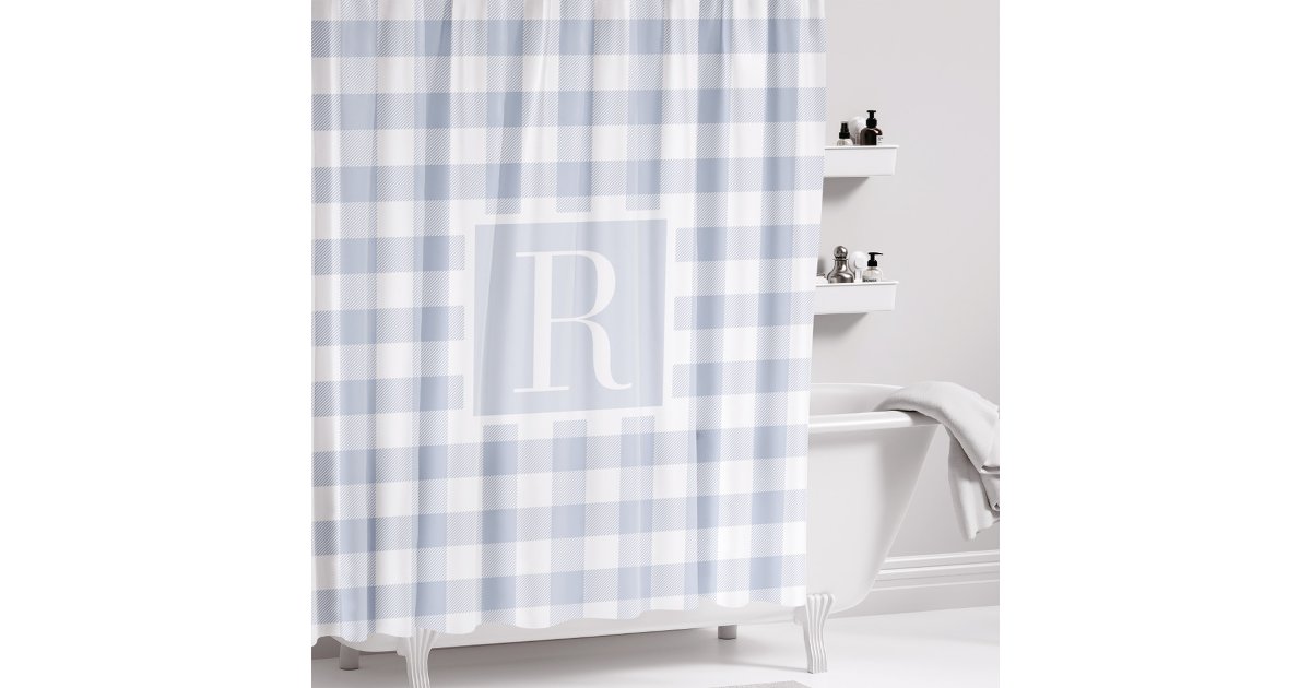 Dusty Blue Buffalo Check Monogram Shower Curtain | Zazzle