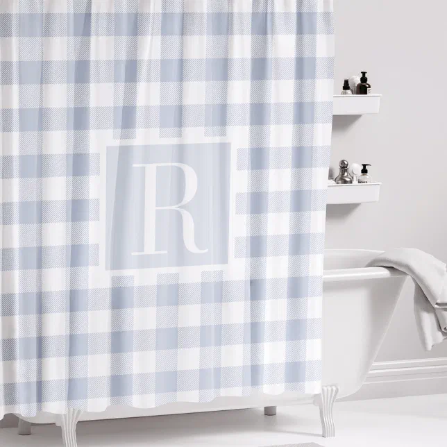 Dusty Blue Buffalo Check Monogram Shower Curtain | Zazzle
