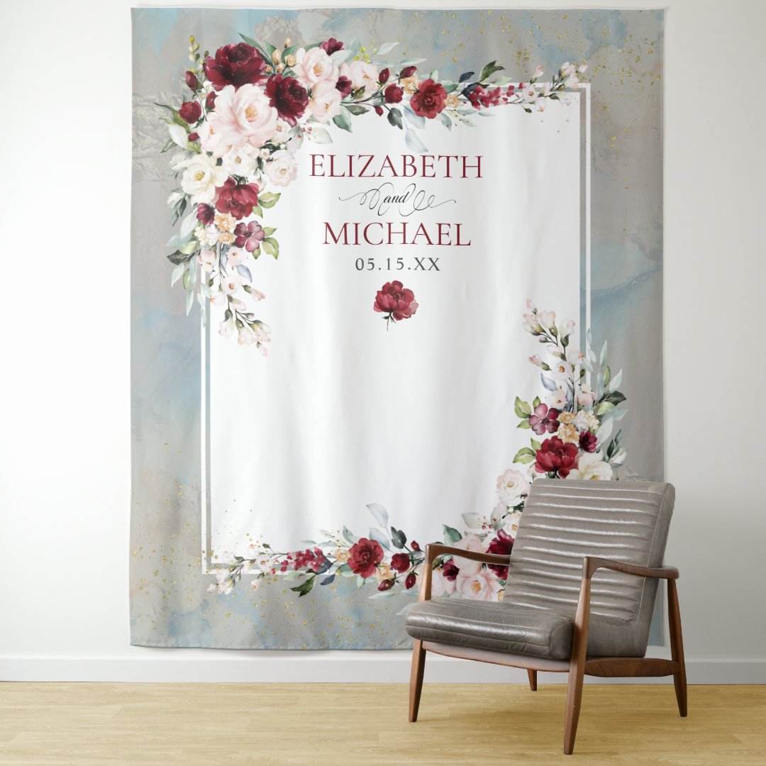 Dusty Blue Burgundy Blush Floral Wedding Backdrop | Zazzle