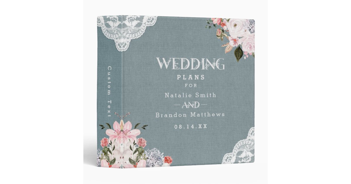 Dusty Blue Burlap Lace and Floral Wedding Planner 3 Ring Binder | Zazzle