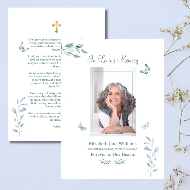 Dusty Blue Butterfly Funeral Memorial Prayer Note Card | Zazzle