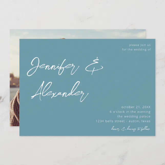 Dusty Blue Calligraphy Photo Wedding V2 Invitation | Zazzle