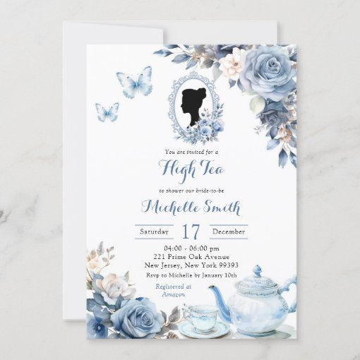Dusty Blue Cameo English Afternoon Tea Invitation | Zazzle