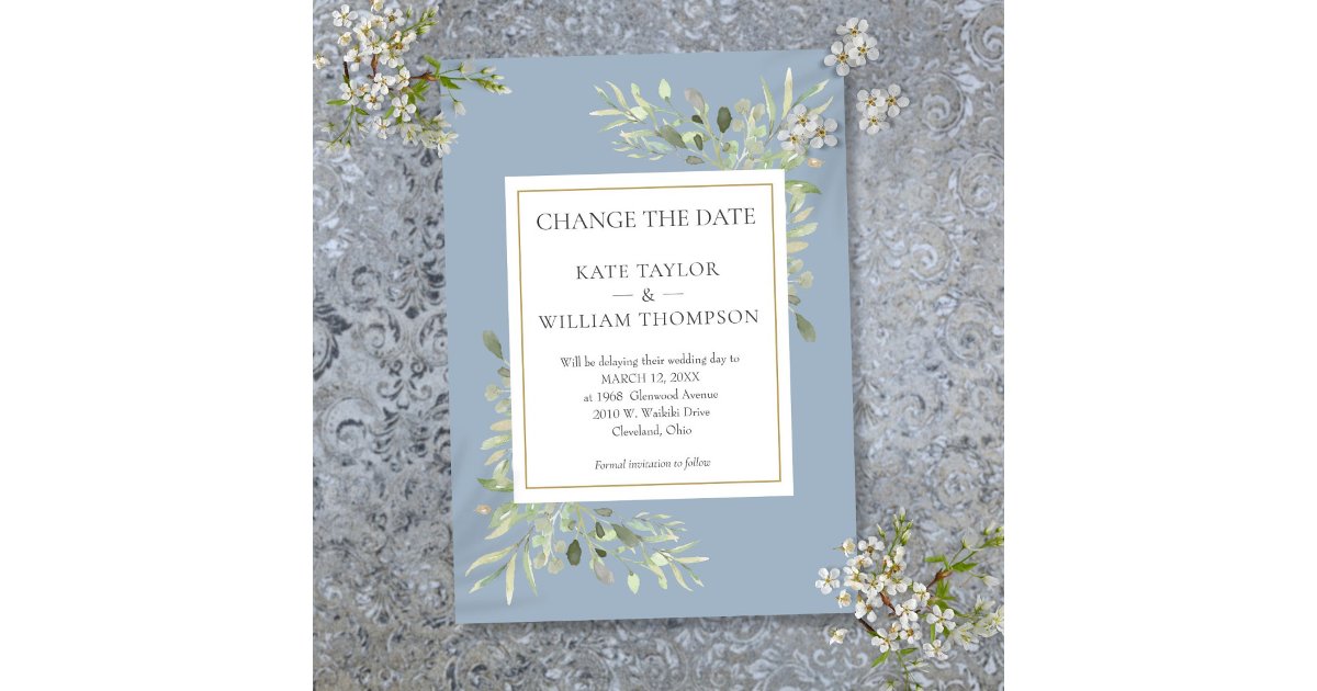 Dusty Blue Change the Date Watercolor Greenery Save The Date | Zazzle