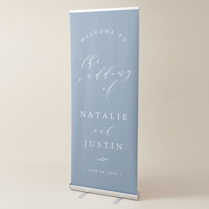 Dusty Blue | Chic Calligraphy Wedding Welcome Retractable Banner | Zazzle