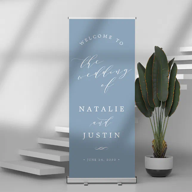 Dusty Blue | Chic Calligraphy Wedding Welcome Retractable Banner | Zazzle