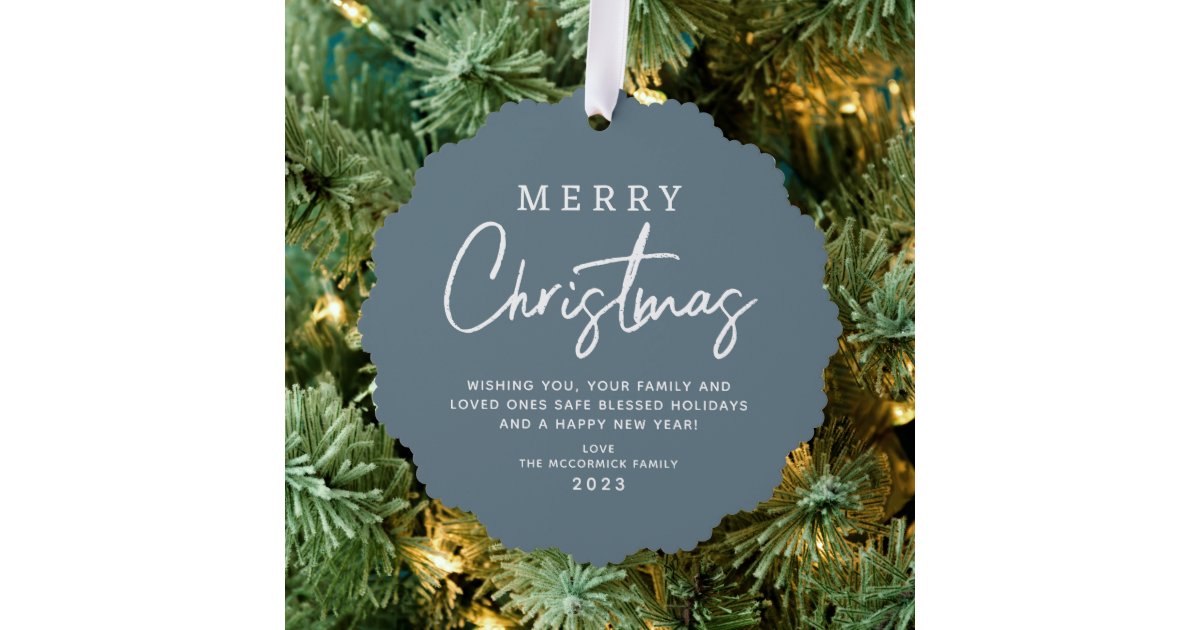 Dusty Blue Christmas Script Family Name Custom Ornament Card | Zazzle