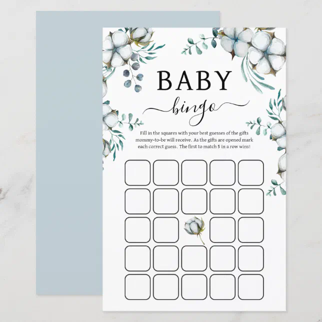 Dusty Blue cotton flowers Baby Shower Bingo Game | Zazzle