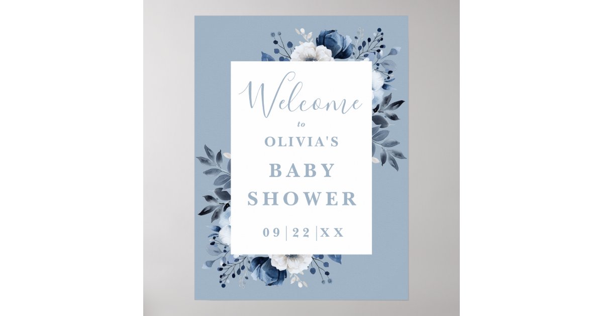 Dusty Blue Country Floral Baby Shower Welcome Sign | Zazzle