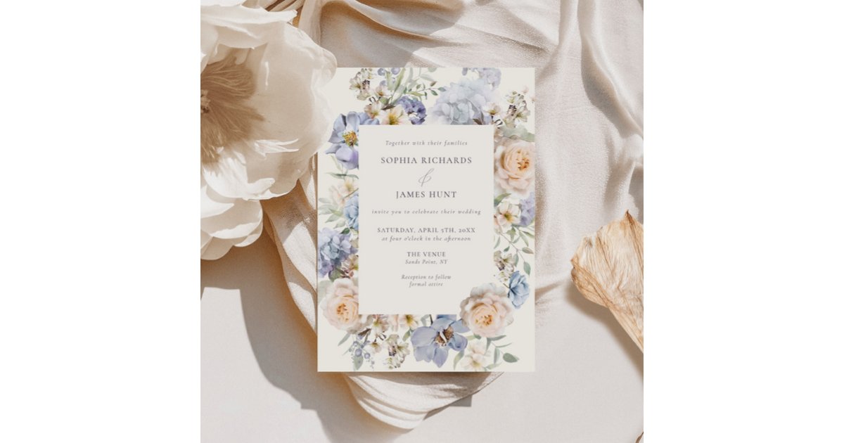 Dusty Blue Cream Floral Wedding Invitation | Zazzle