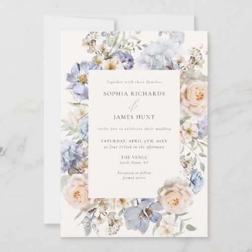 Dusty Blue Cream Floral Wedding Invitation | Zazzle