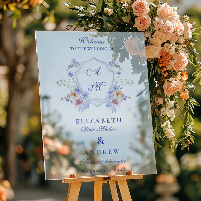 Dusty Blue Crest Floral Wedding Acrylic Sign | Zazzle