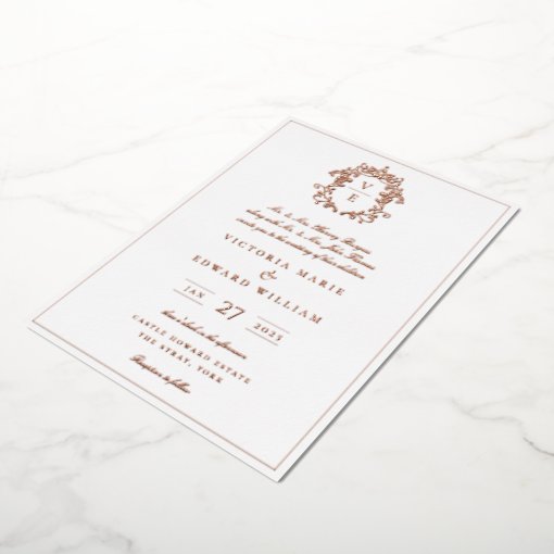 Dusty Blue Crest Monogram Wedding Foil Invitation | Zazzle