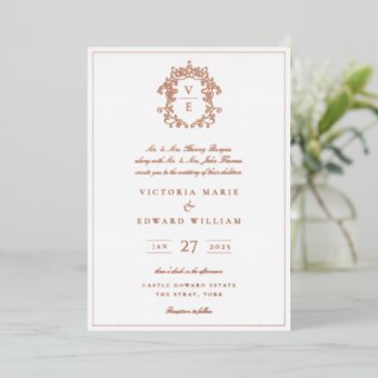 Dusty Blue Crest Monogram Wedding Foil Invitation | Zazzle