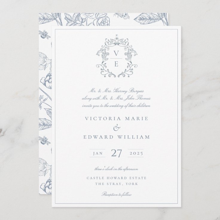 Dusty Blue Crest Monogram Wedding Invitation | Zazzle