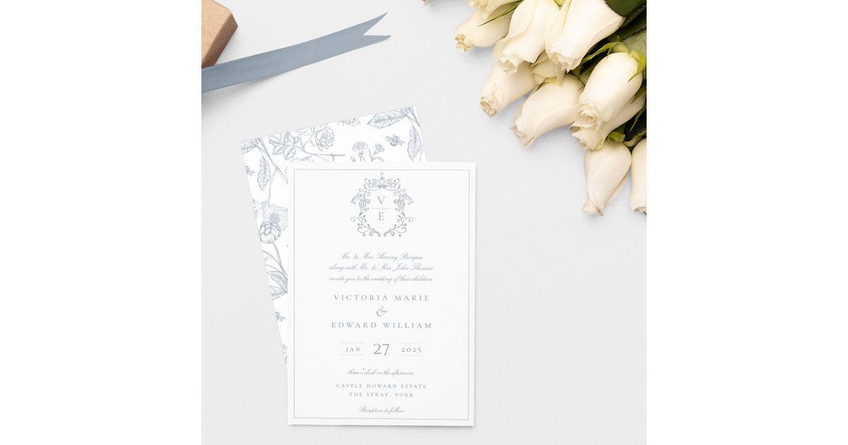 Dusty Blue Crest Monogram Wedding Invitation | Zazzle