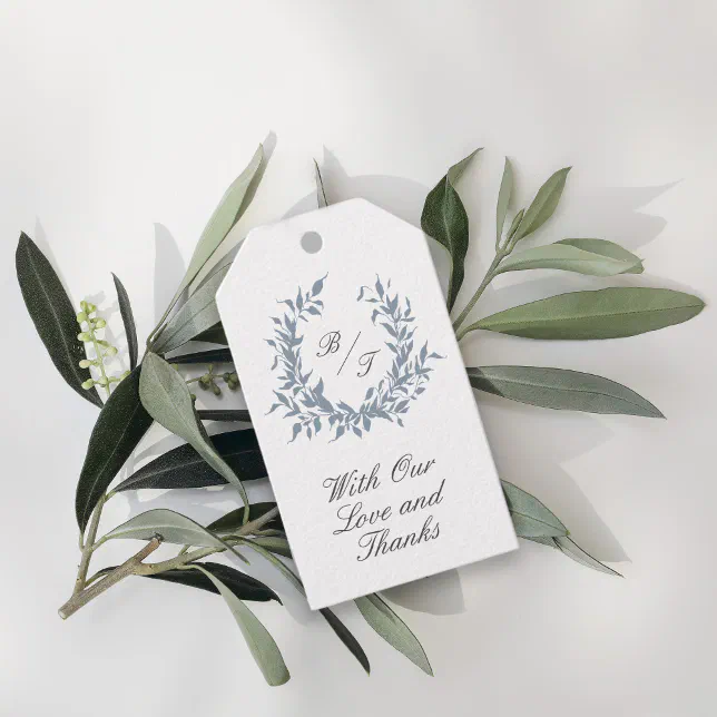 Dusty Blue Crest Monogram Wedding Logo Thank You Gift Tags | Zazzle